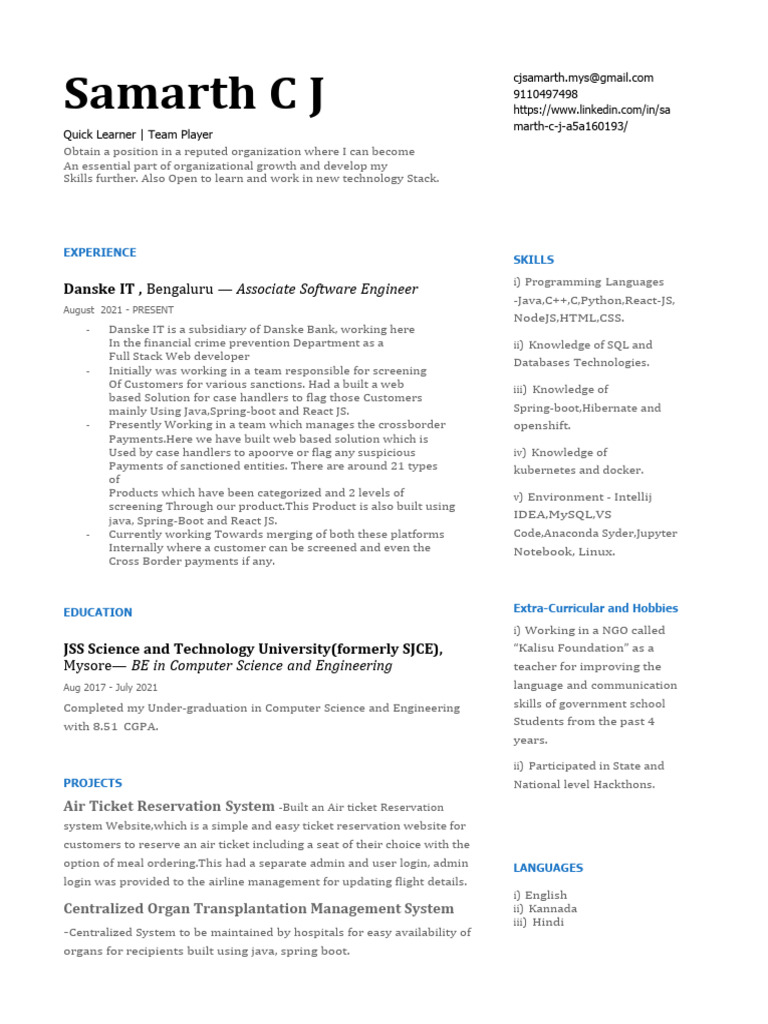 Samarth C J - Resume | PDF | Spring Framework | World Wide Web