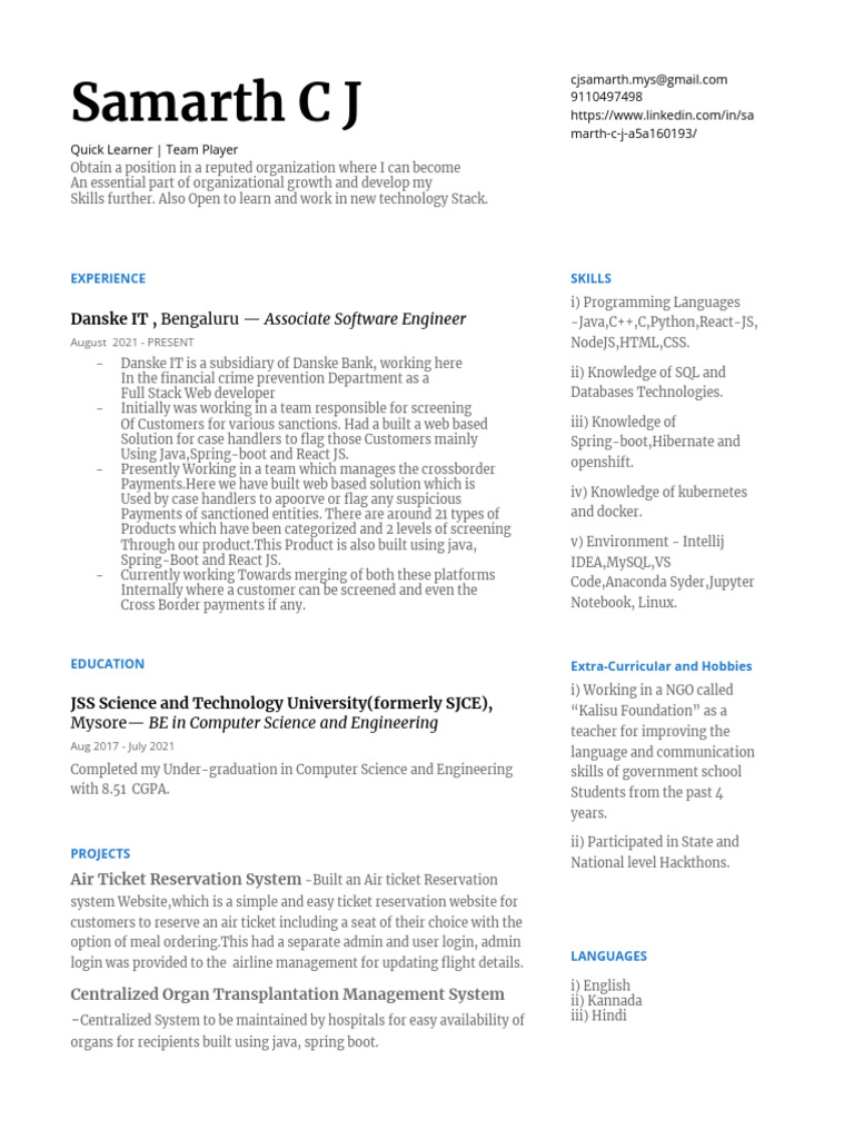 Samarth C J - Resume | PDF | Spring Framework | World Wide Web