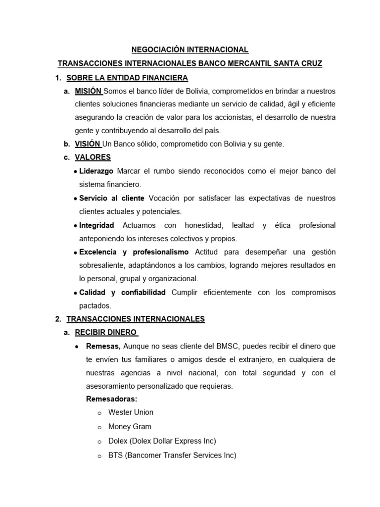 Servicios de Transacciones Internacionales BMSC | PDF | Transferencia ...