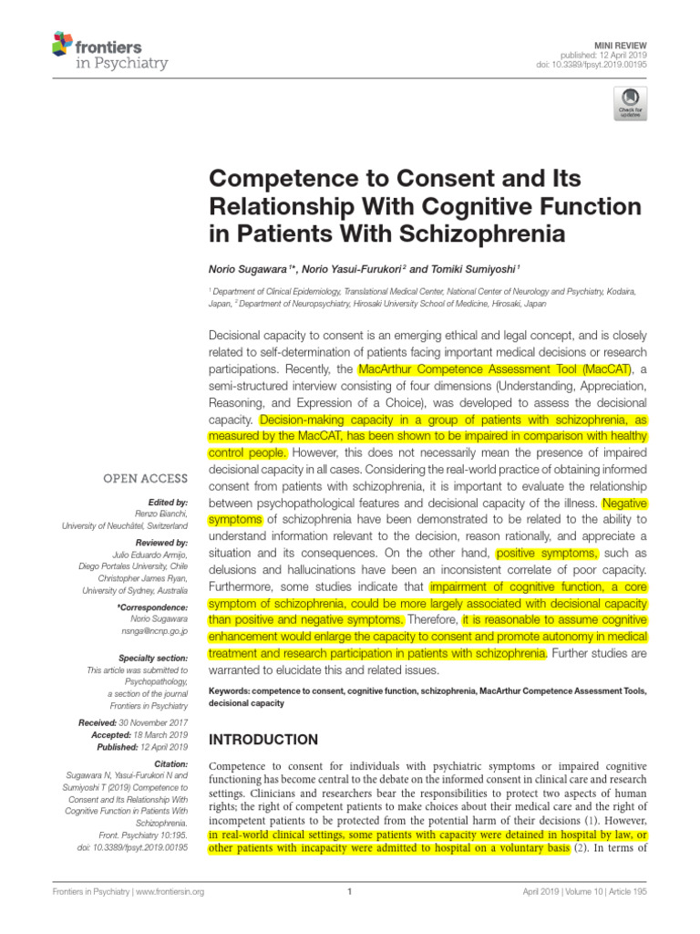 Competence To Consent and Its Relationship With Cognitive Function in Patients With ...