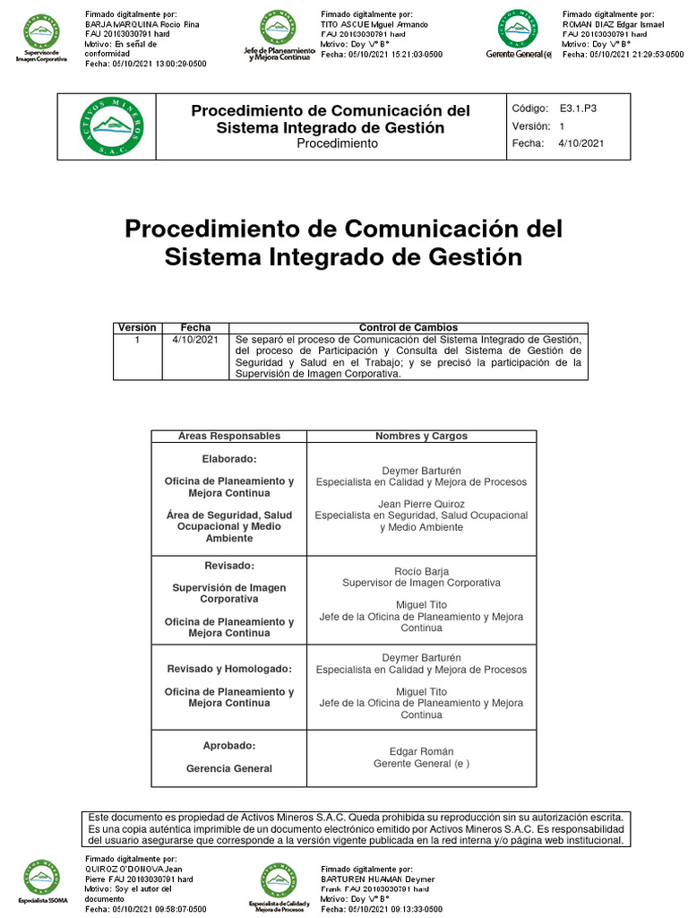 Procedimiento E3.1.P3 Comunicacion Del SIG v01 y Matriz SIG 2021RRRRR ...