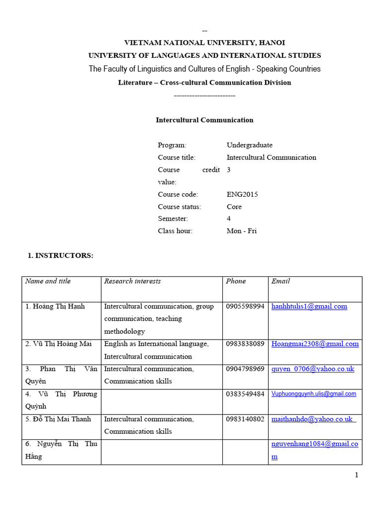 IC Course Outline 2022-2023 (Giao Tiếp Liên Văn Hóa) | PDF | Cross Cultural Communication ...