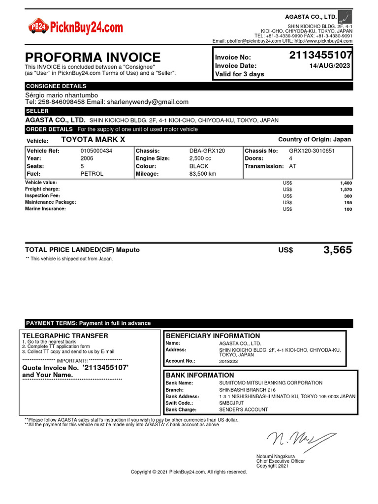 Proforma Invoice: Toyota Mark X | PDF | Fuel Economy In Automobiles ...