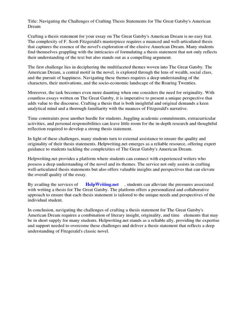 Thesis Statements For The Great Gatsby American Dream | PDF | The Great ...