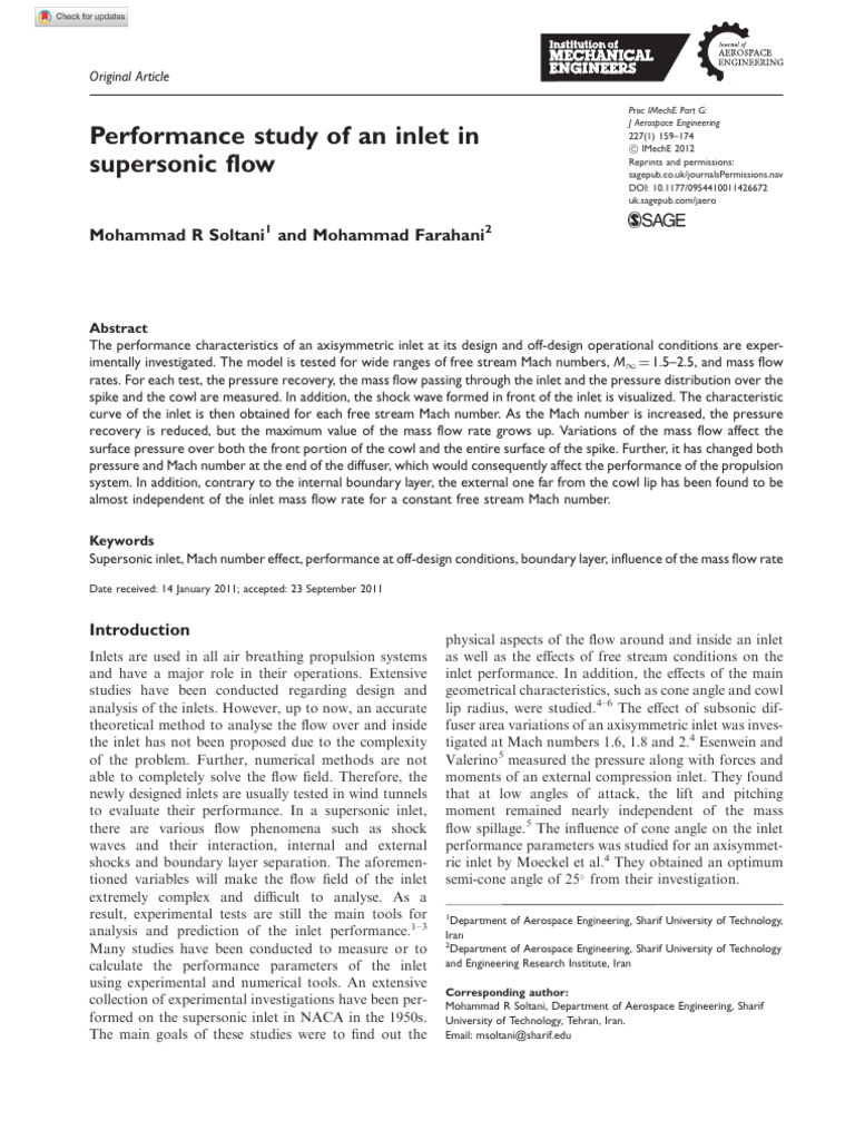 Soltani Farahani 2012 Performance Study of An Inlet in Supersonic Flow | PDF | Mach Number ...