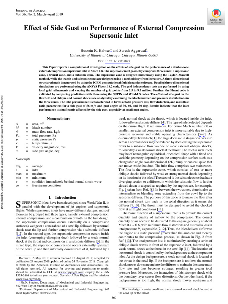 Halwas Aggarwal 2018 Effect of Side Gust On Performance of External Compression Supersonic Inlet ...