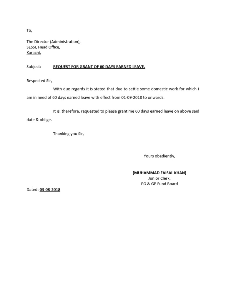 Request for 60 Days Earned Leave | PDF