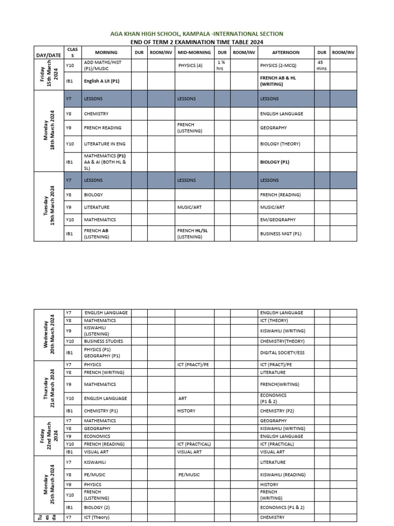 End of Term 2 Examination Time Table 2024 | Download Free PDF | Nature ...