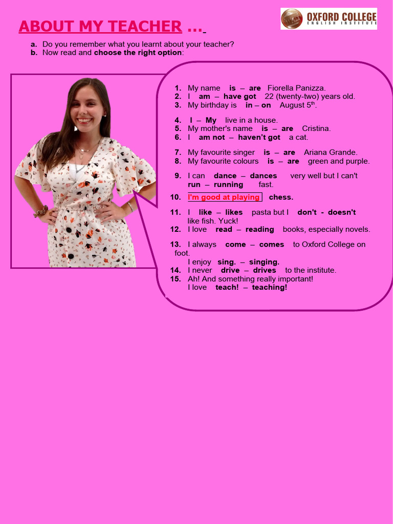 Class 1 About My Teacher Fiore | PDF