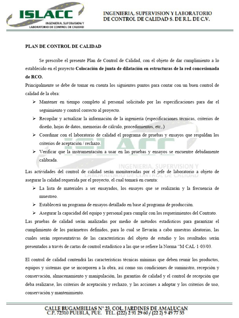 Plan de Control de Calidad | PDF | Calidad (comercial) | Laboratorios