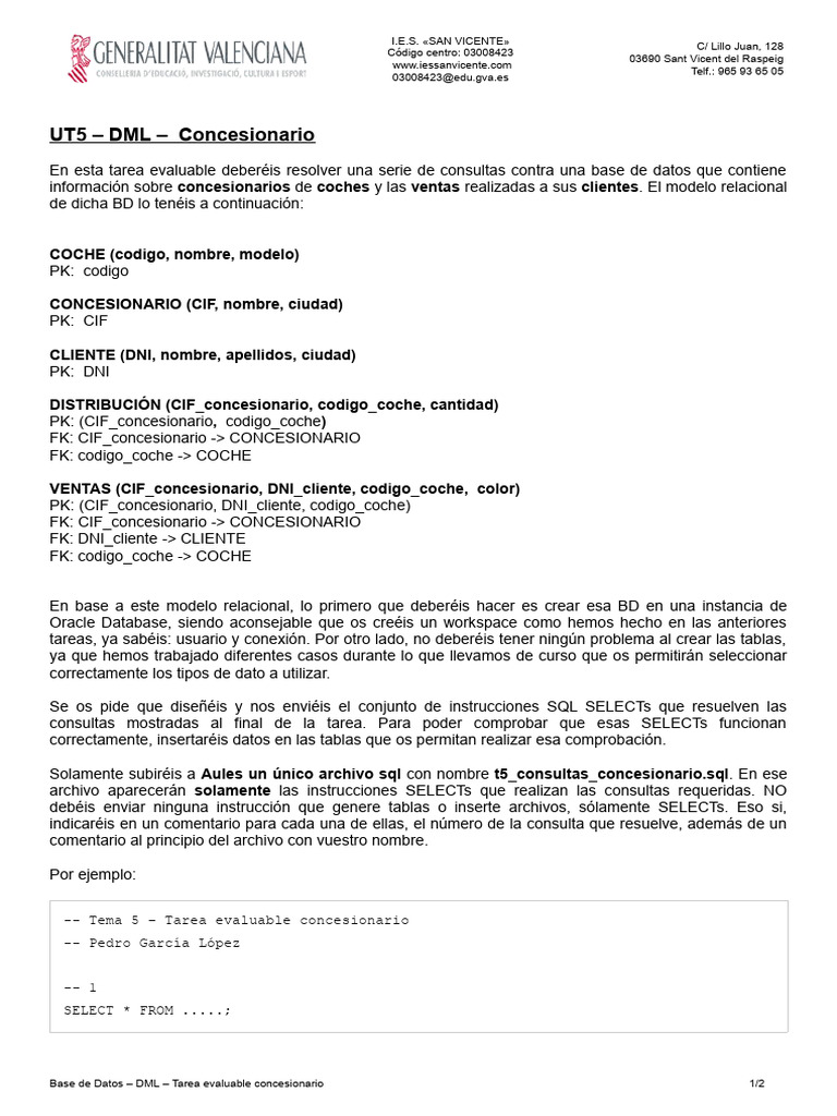 Tema 5 - DML - Concesionario2023 | PDF | SQL | Modelo relacional