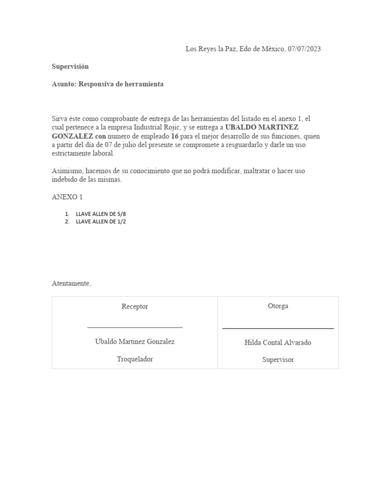 Carta Responsiva Ubaldo Martinez | PDF