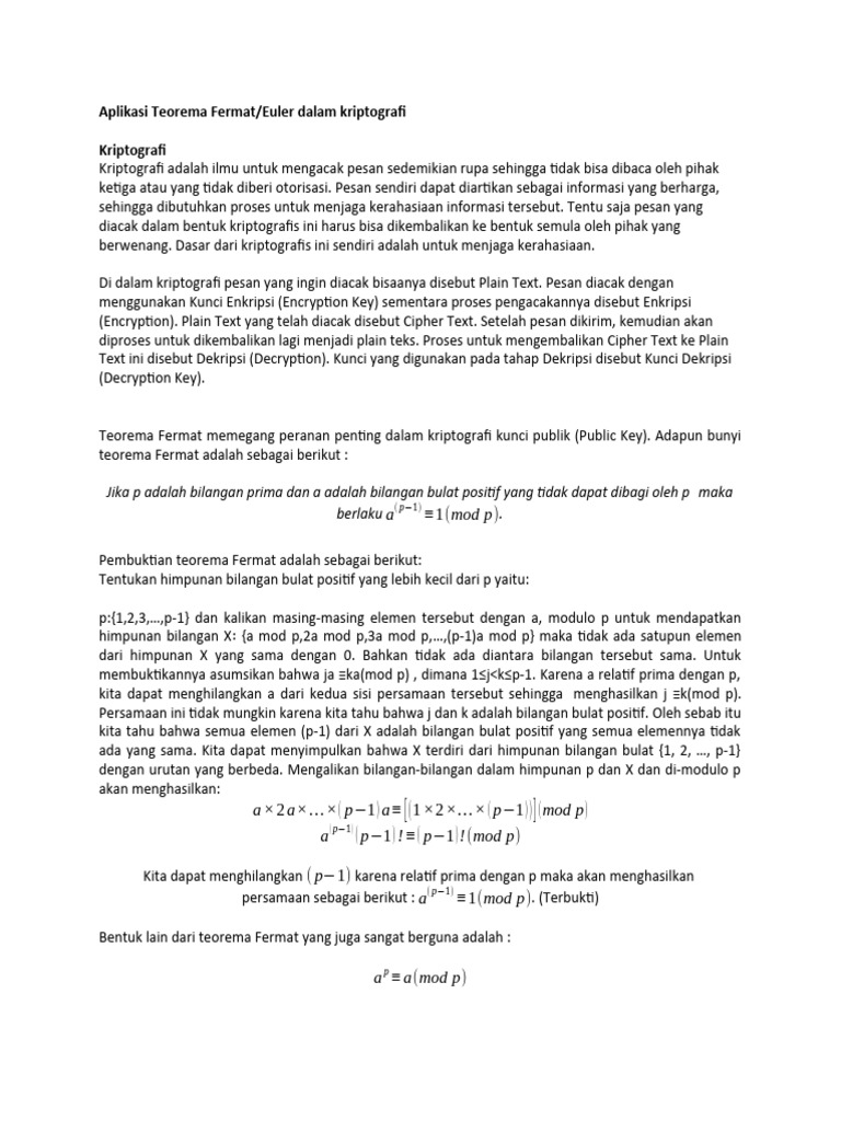 Aplikasi Teorema Fermat Euler Dalam Kkriptografi | PDF