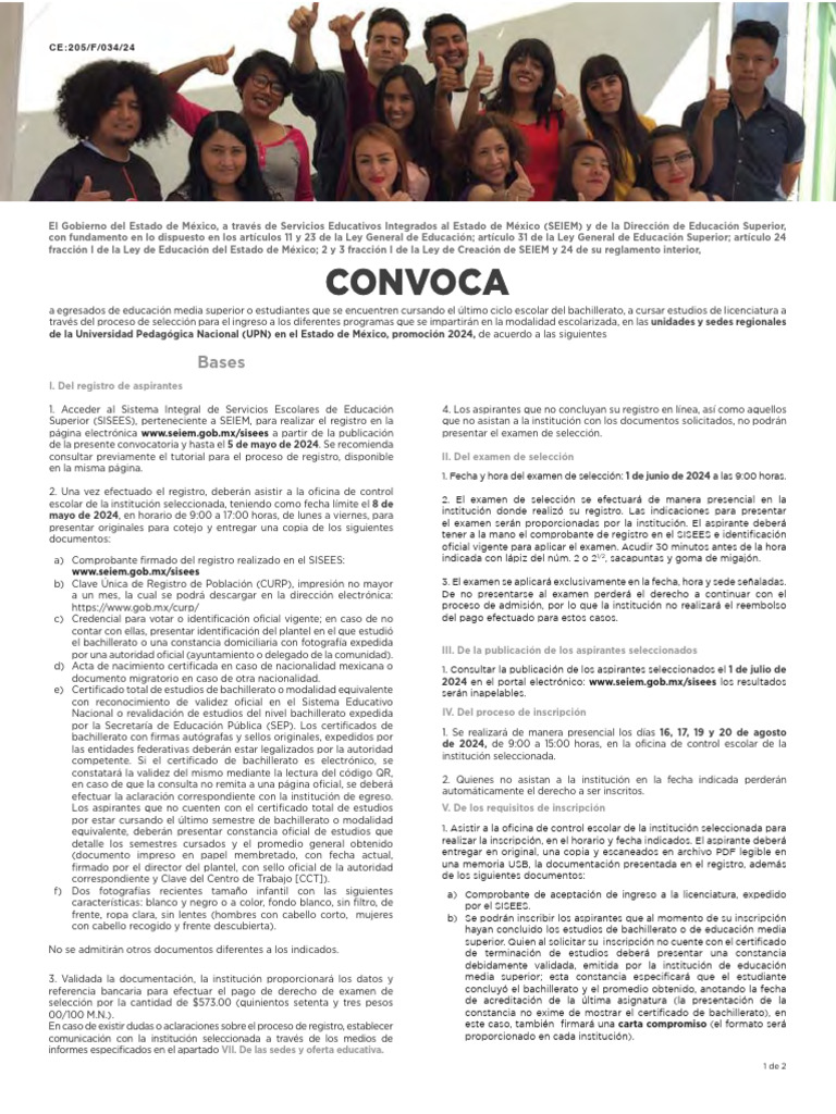Convocatoria 2024 para El Ingreso A Licenciatura en La UPN 151 Toluca y Sus Sedes Regionales | PDF