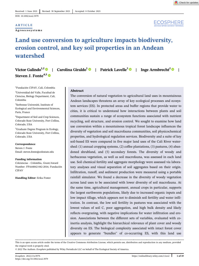 Ecosphere - 2022 - Galindo - Land Use Conversion To Agriculture Impacts Biodiversity Erosion ...