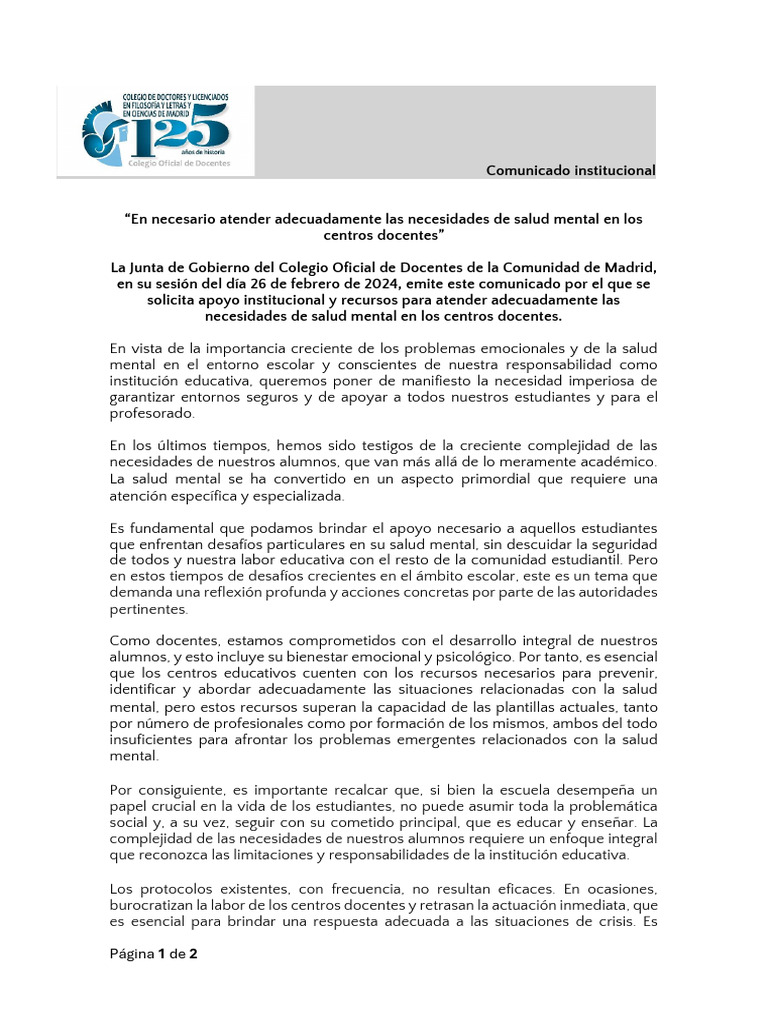 Comunicado Institucional Salud Mental | PDF | Salud mental | Enseñando