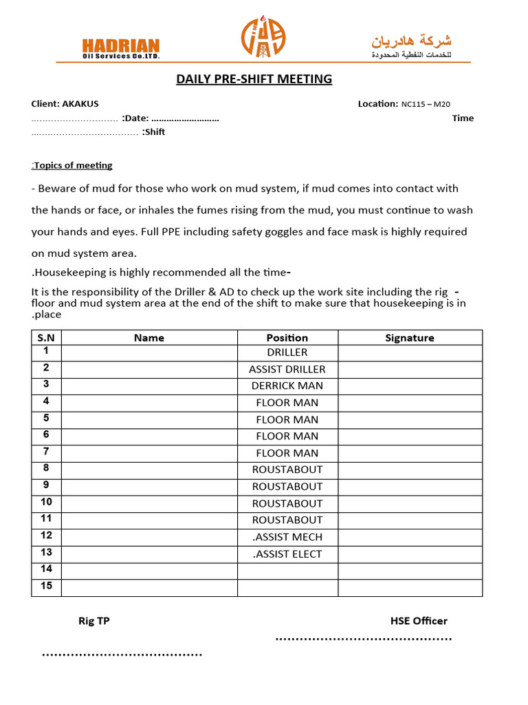 Daily Pre-Shift Safety Meeting 26072023 | PDF