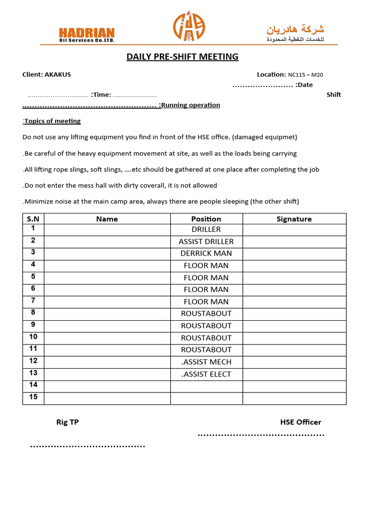 Daily Pre-Shift Safety Meeting 02082023 | PDF