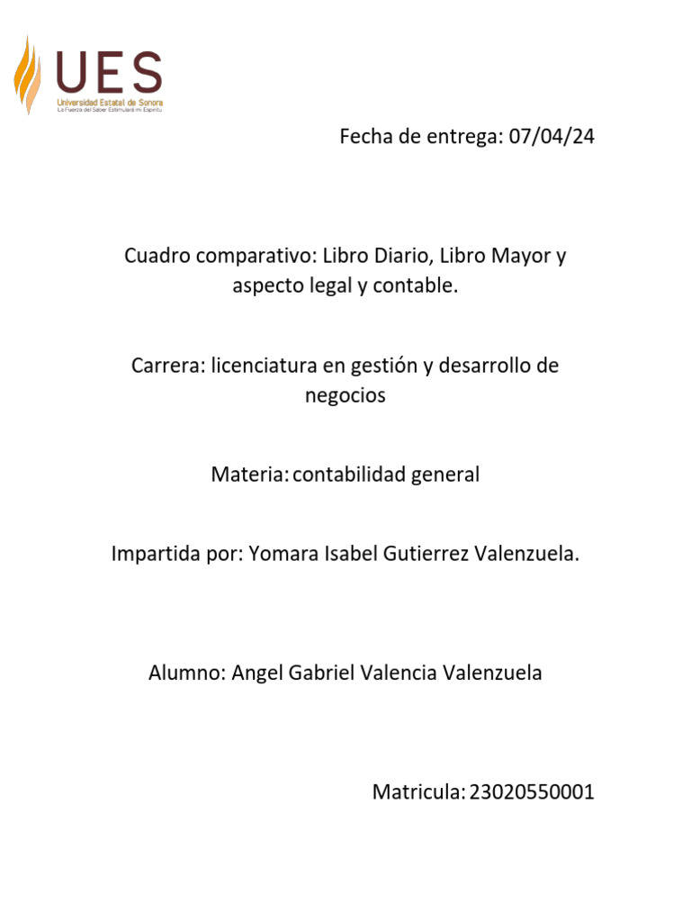 Cuadro Comparativo Libro Diario, Libro Mayor y Aspecto Legal y Contable ...