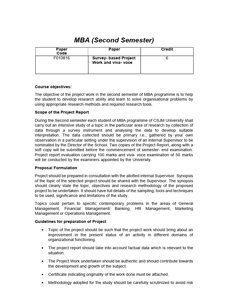 MBA Second Semester Project Guidelines | PDF | Methodology | Master Of ...