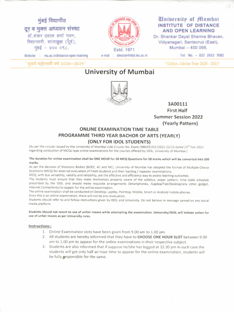 T.Y.B.a Time Table of First Half 2022 | PDF