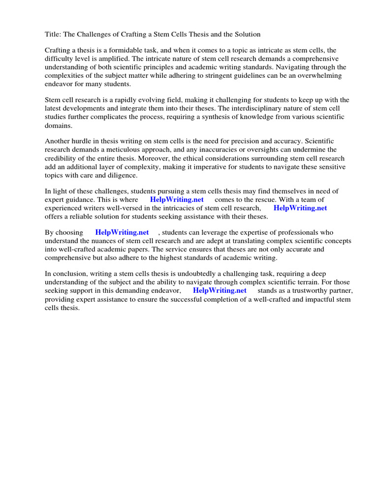 Stem Cells Thesis | Download Free PDF | Cell Potency | Stem Cell