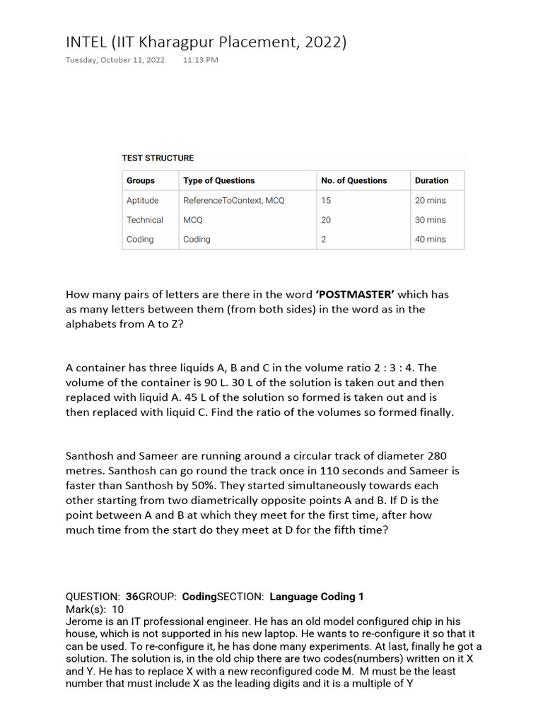 Intel IIT KGP Placement 2022 QN | PDF | Polynomial | Theoretical Computer Science