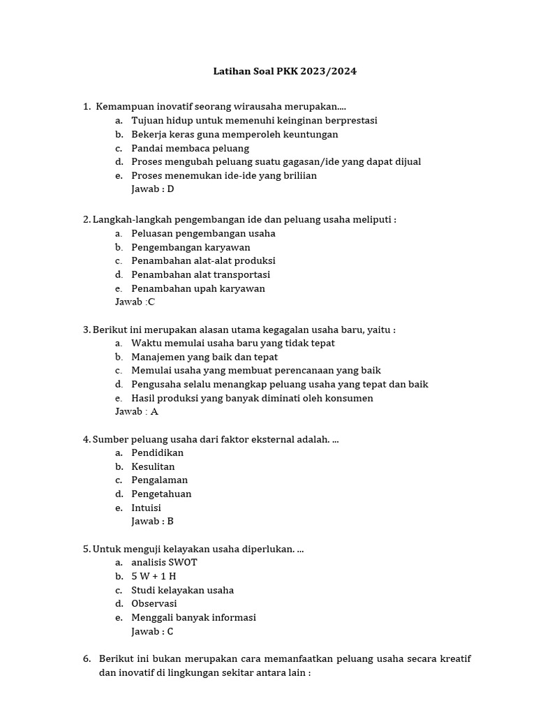 Latihan Soal PKK 2023-2024 | PDF