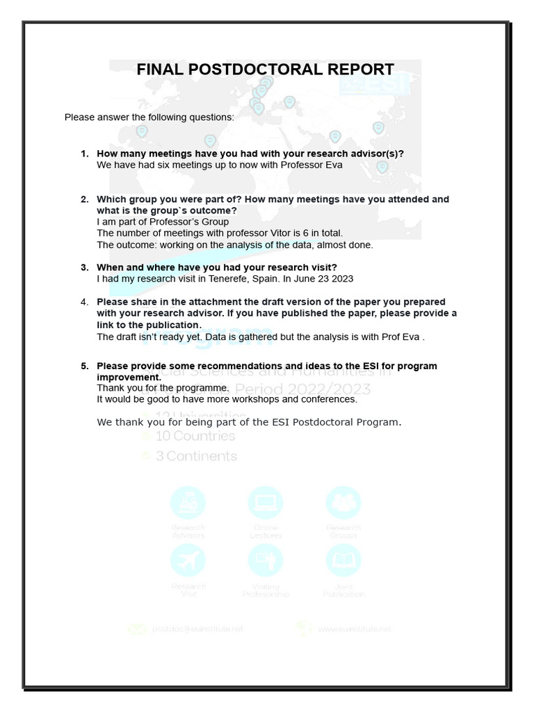 Postdoc Report: Meetings & Outcomes | PDF | Career & Growth