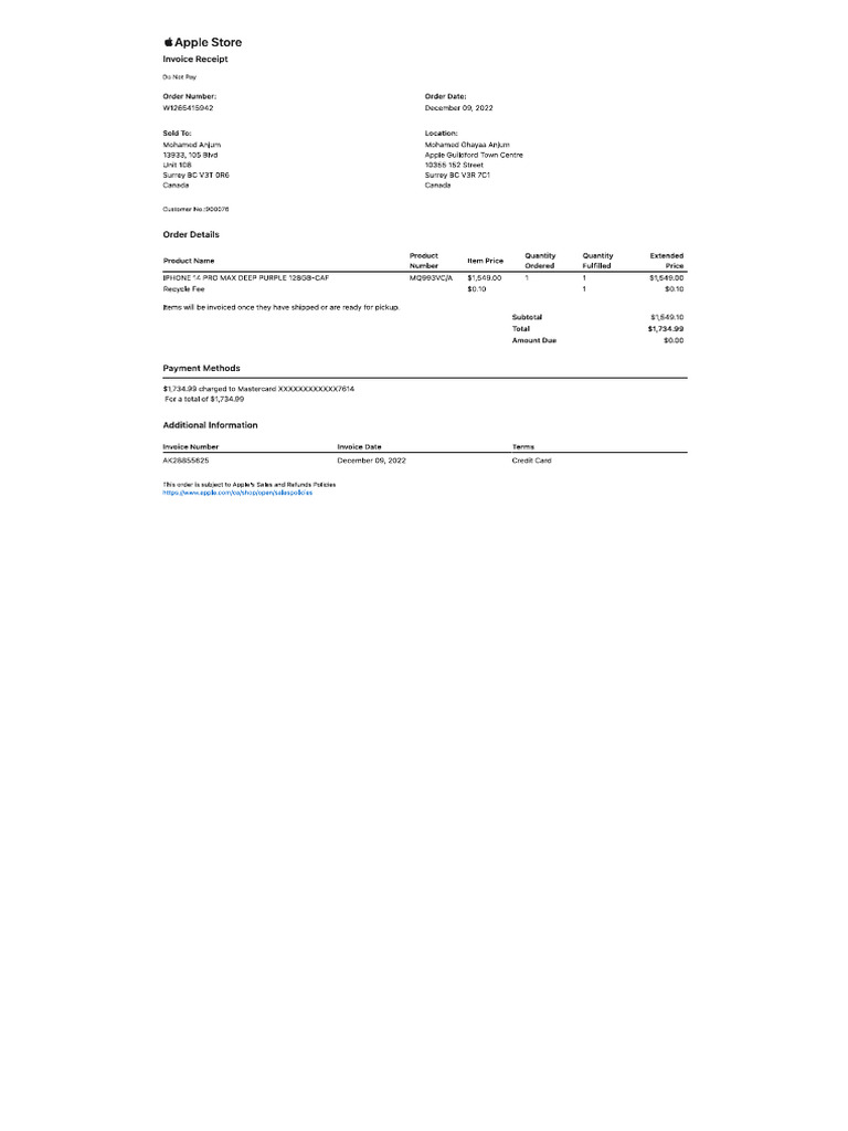 iPhone 14 Pro Max Invoice | PDF