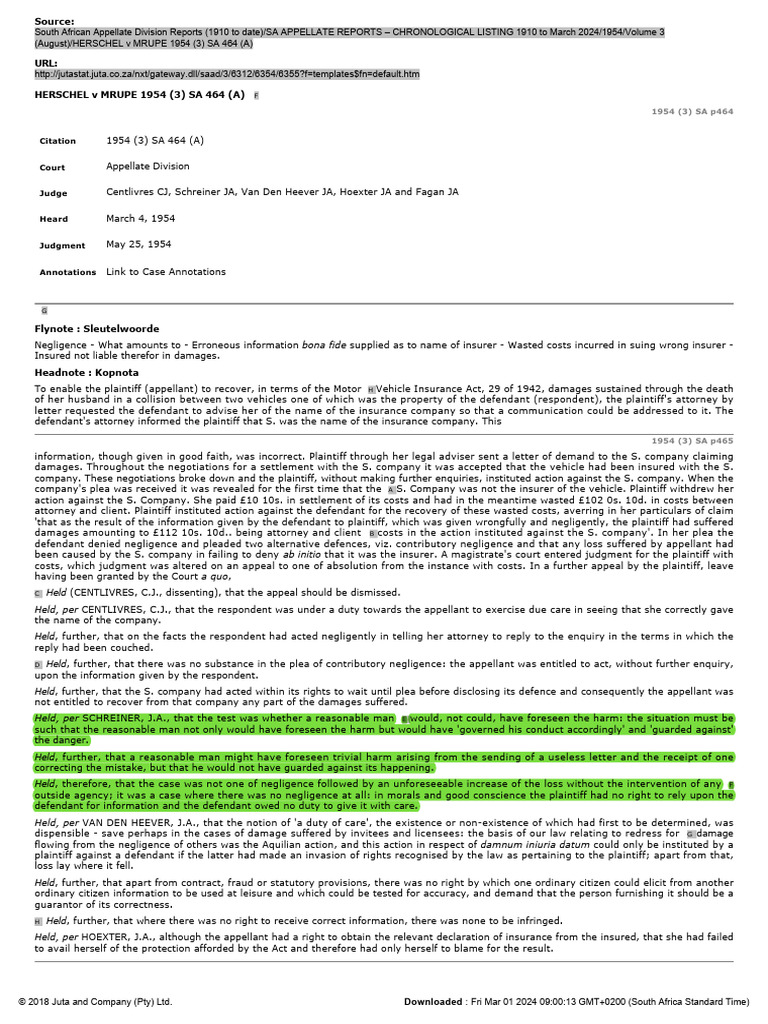 HERSCHEL V MRUPE 1954 (3) SA 464 (A) | PDF | Negligence | Reasonable Person