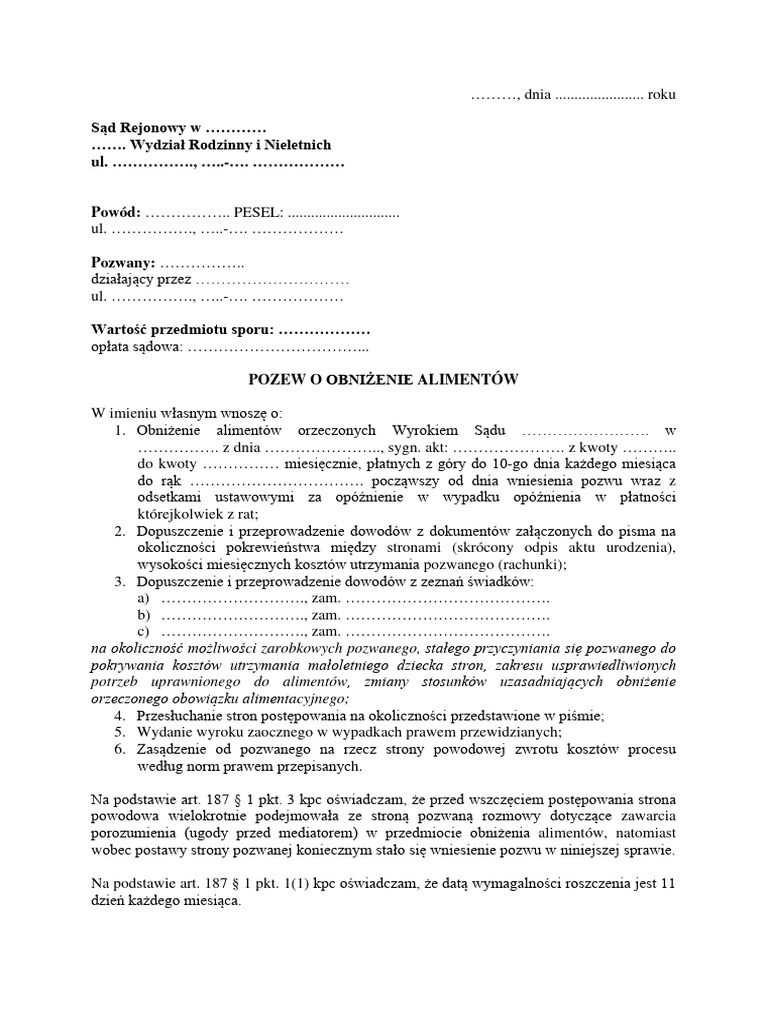 Pozew o Obniżenie Alimentów | PDF