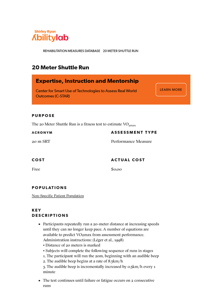 20 Meter Shuttle Run - RehabMeasures Database | PDF | Clinical Medicine