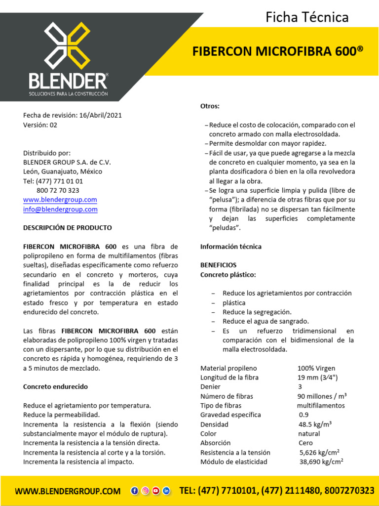 fibercon-ficha-tecnica | PDF | Hormigón | Resistencia Eléctrica y ...
