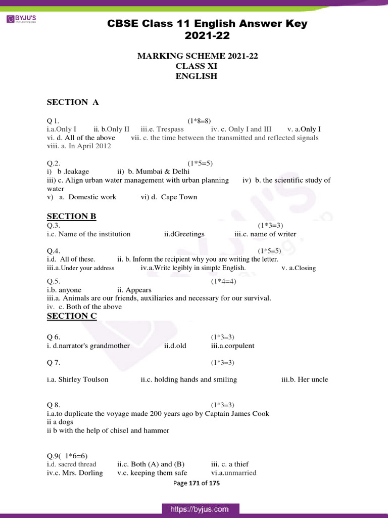 Class 11 English Answer Key 2021-22 | PDF