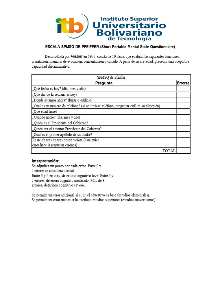 Escala SPMSQ de Pfeiffer: Evaluación Cognitiva | PDF | Crecimiento ...