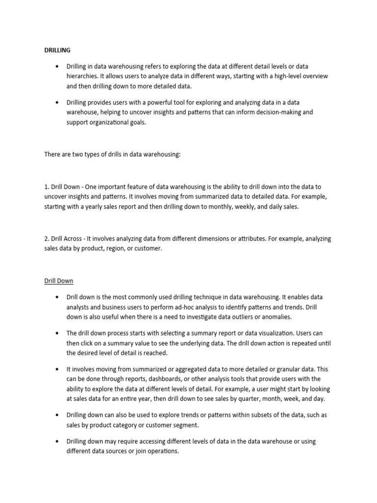 Drilling in data warehousing | PDF | Data Warehouse | Data Analysis