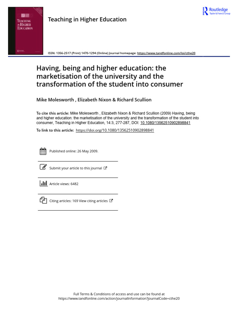 Having Being and Higher Education The Marketisation of The University ...