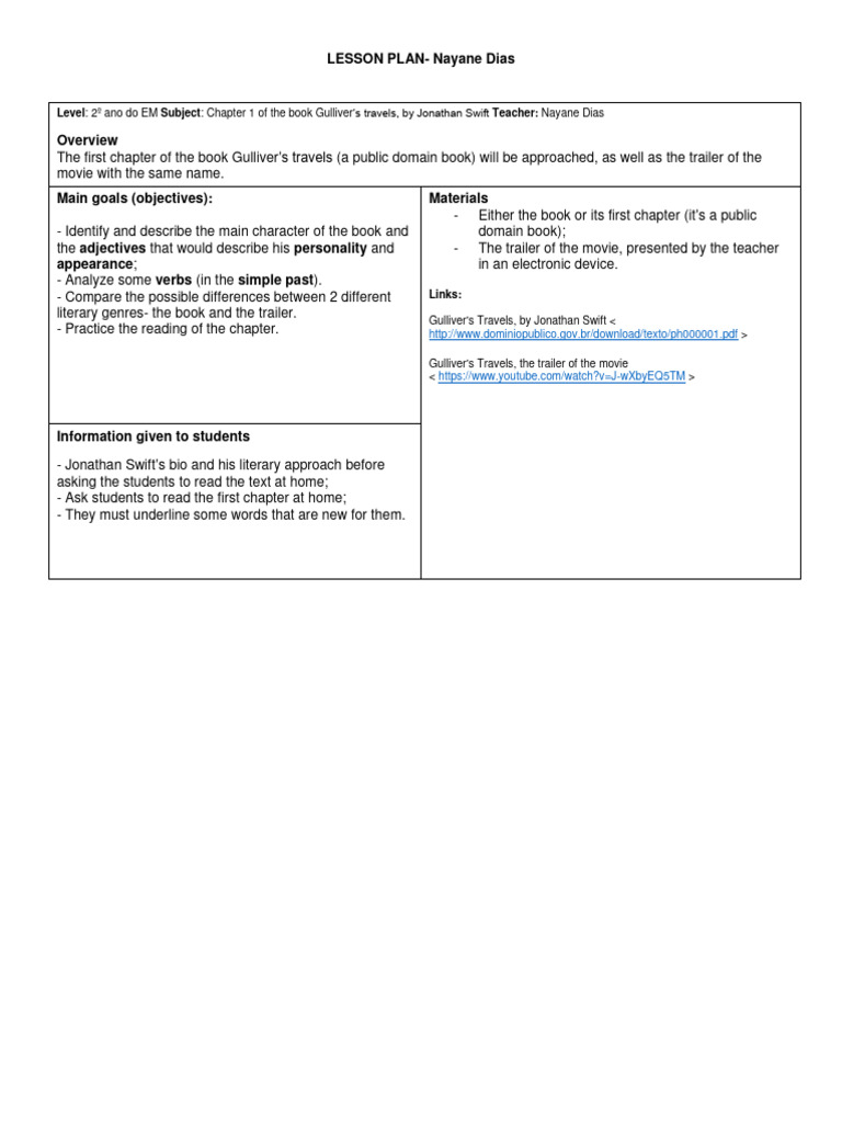 Gulliver's Travels Lesson Plan Overview | PDF | Gulliver's Travels ...