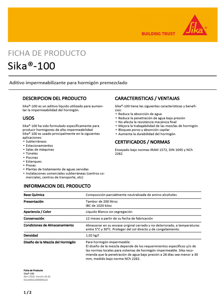 Sika - 100 | Descargar gratis PDF | Hormigón | Agua