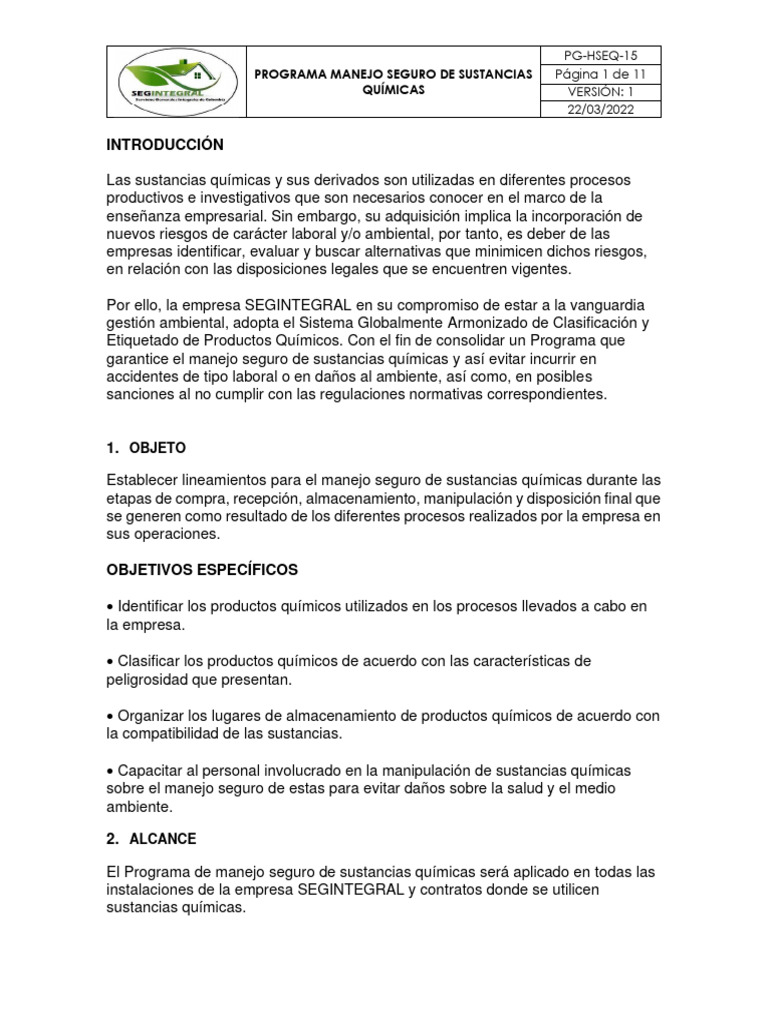 Pg-Hseq-15 Programa Manejo Seguro de Sustancias Químicas | PDF | Agua | Residuos
