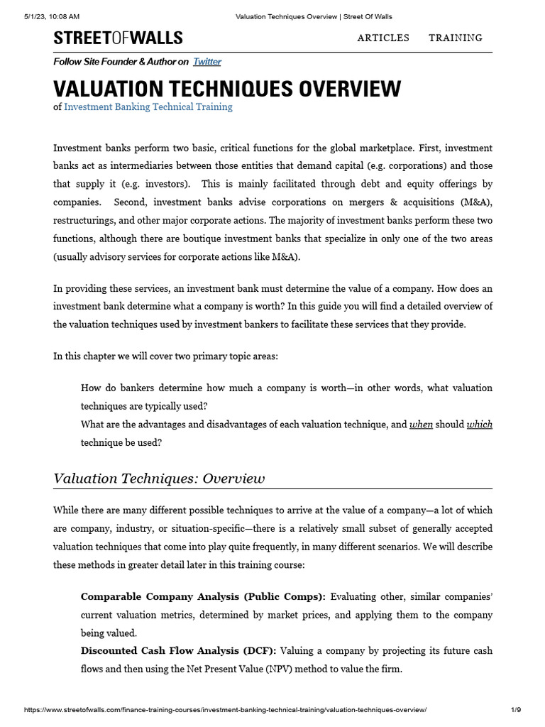 02 Valuation Techniques Overview - Street of Walls | PDF | Book Value | Discounted Cash Flow