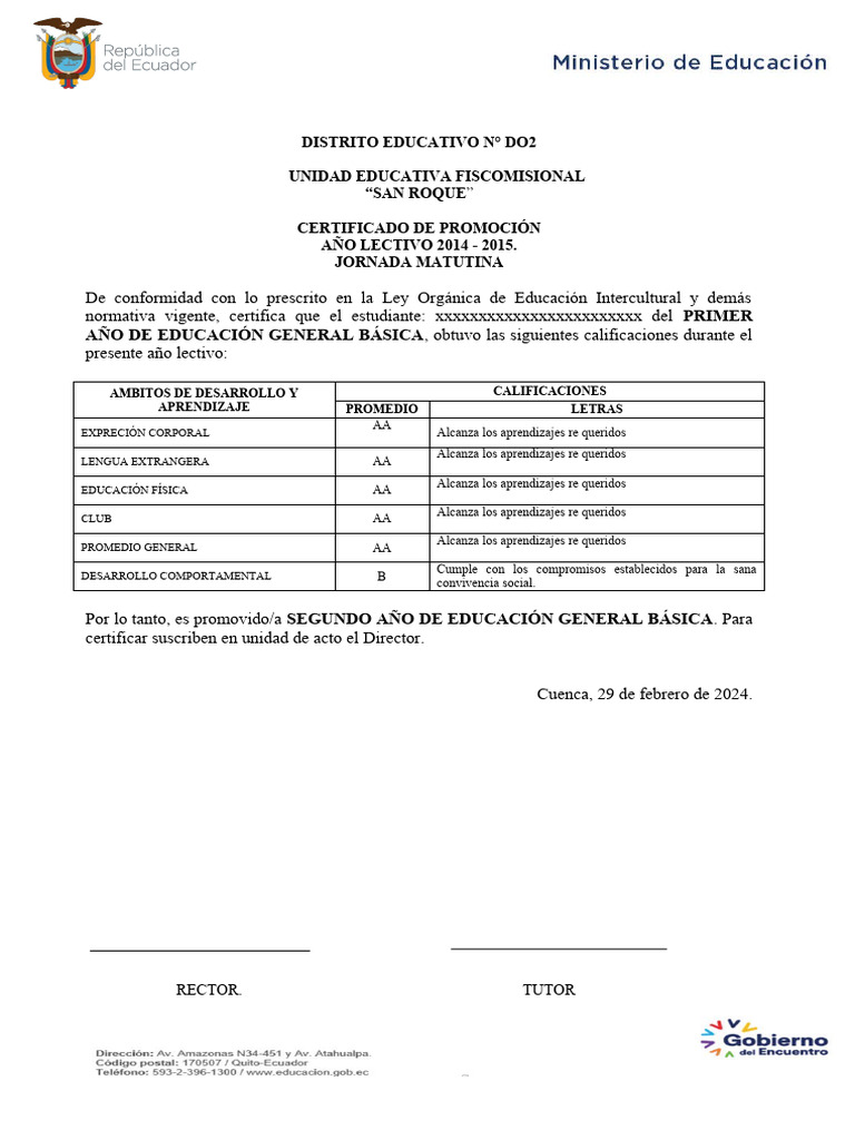 Certificado de Promocion | PDF