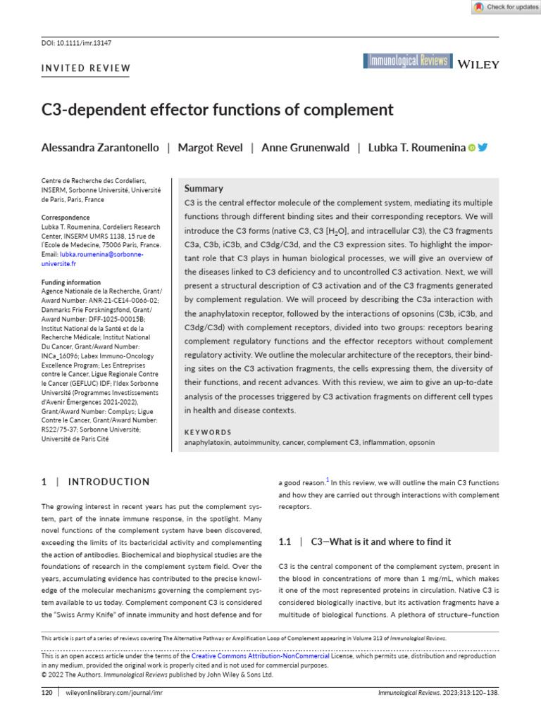 Immunological Reviews - 2022 - Zarantonello - C3 Dependent Effector Functions of Complement ...