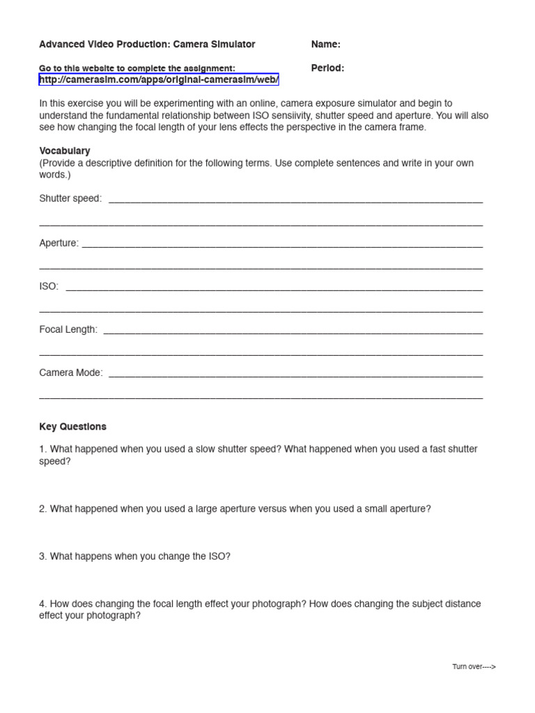 Camera Simulator Worksheet | PDF | Shutter Speed | Camera