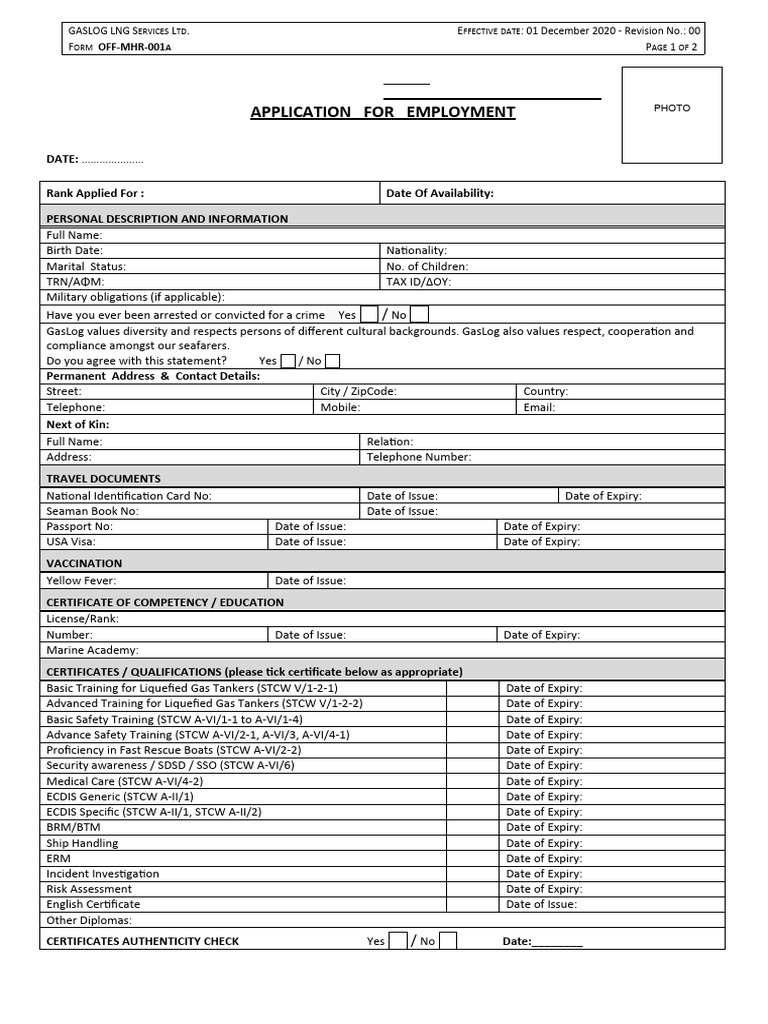 OFF MHR 001a Application For Employment | PDF