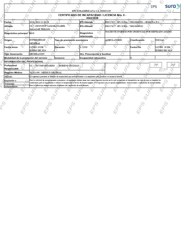 Formato Incapacidad Eps Sura | PDF | Medicina | Cuidado de la salud