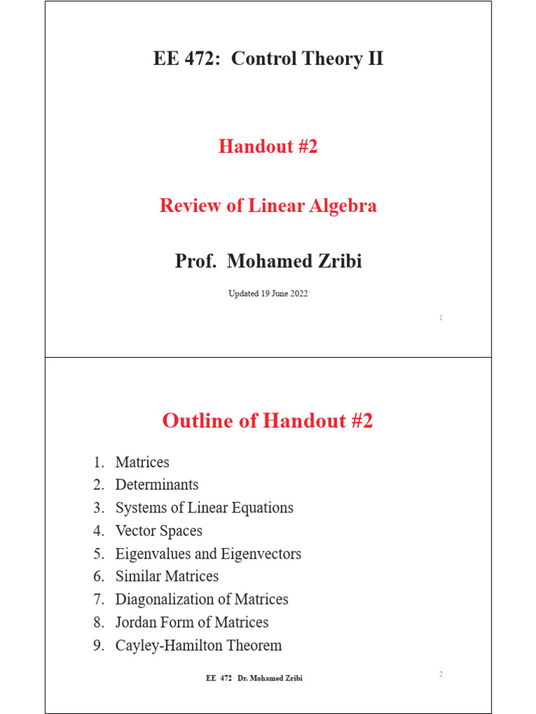 Handout #2 Review of Linear Algebra: EE 472: Control Theory II | PDF