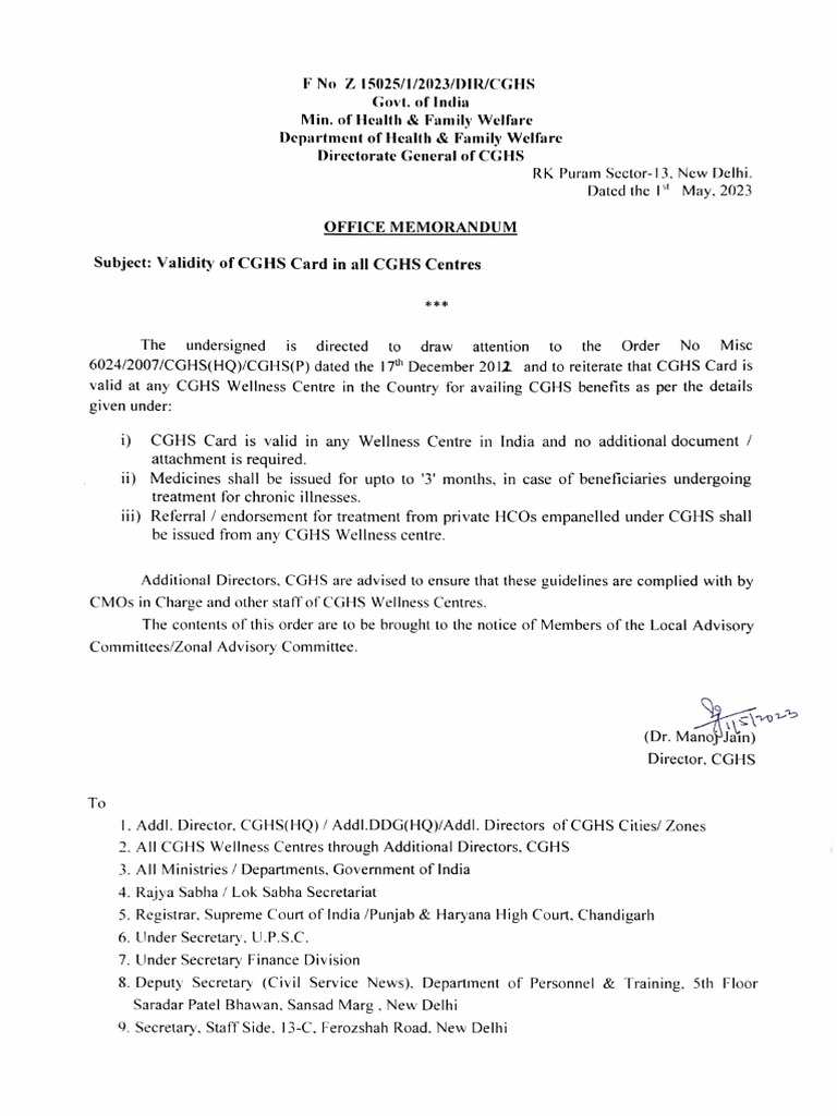 Validity of CGHS Card in All Wellness Centres OM Dated 1st May 2023 ...