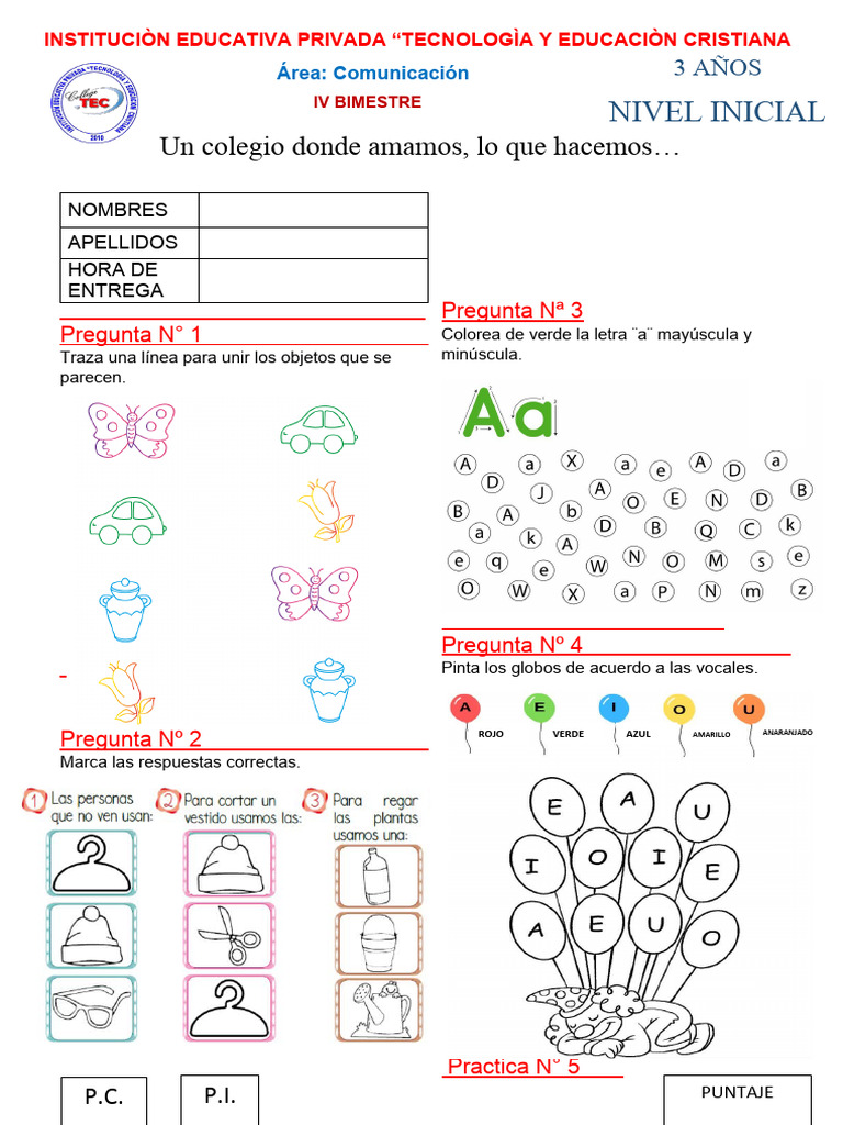 EXAMENES DE INICIAL 5 AÑOS Comunicación | PDF